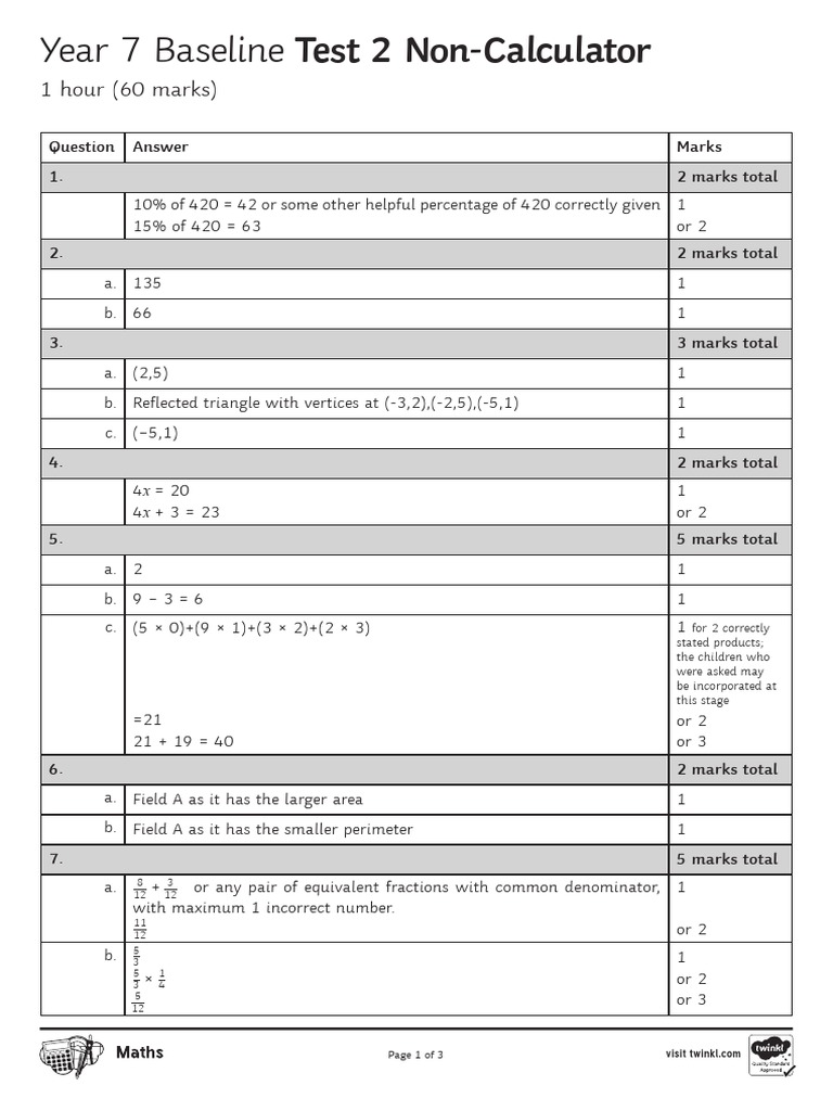Year 7 Baseline Assessment Answers | PDF | Division (Mathematics) | Numbers
