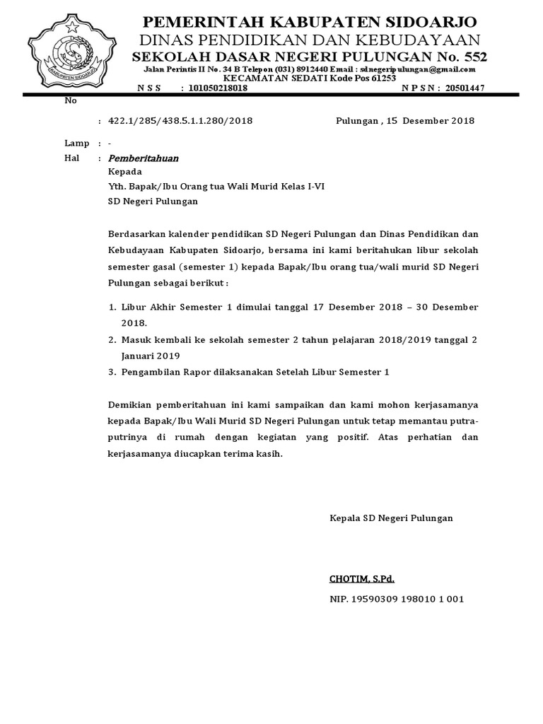 Surat Pemberitahuan Libur | PDF