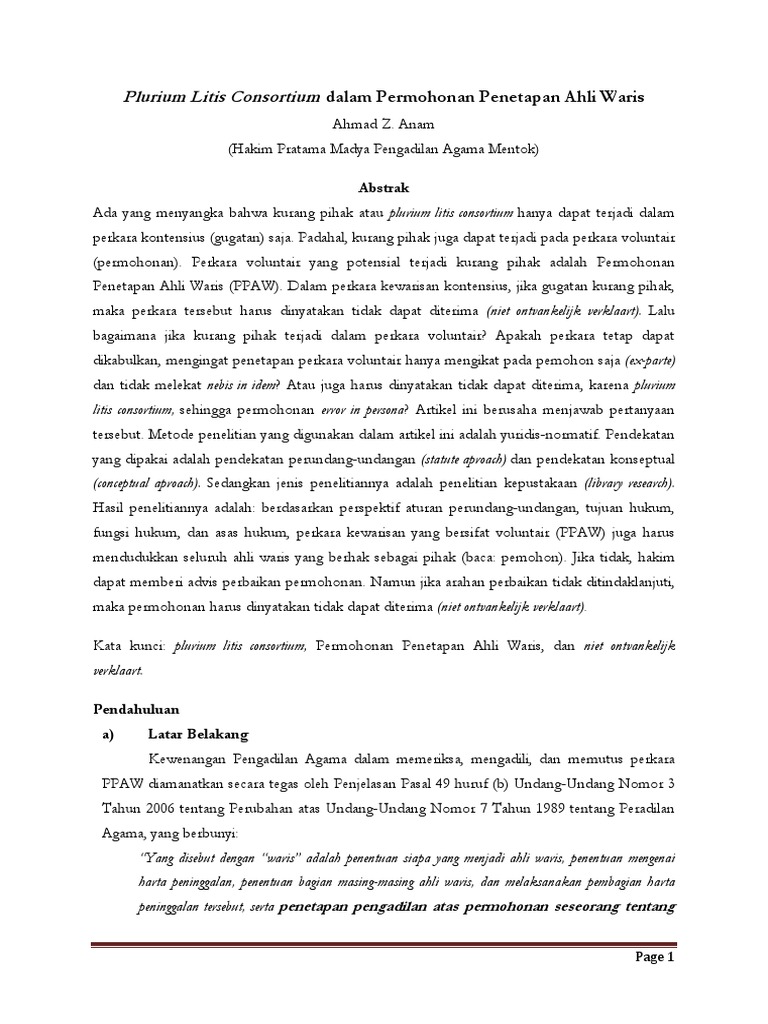 Plurium Litis Consortium Dalam Permohonan Penetapan Ahli Waris | PDF