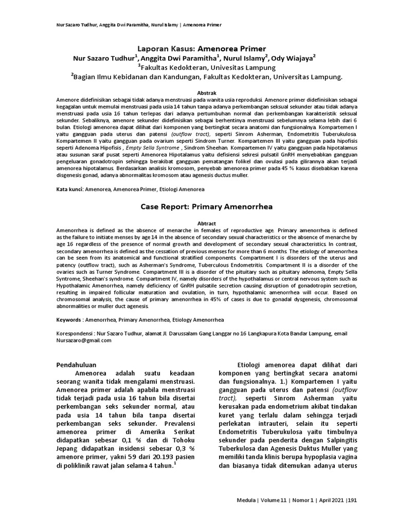 Amenorea Primer: Laporan Kasus | PDF