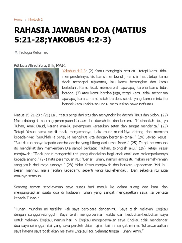 Doa Rahasia Jawaban Doa (Matius 5 21-28 Yakobus 4 2-3) - Teologia ...