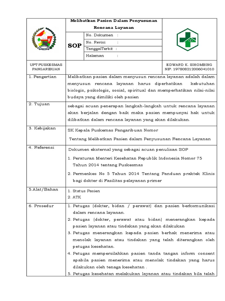 SOP Melibatkan Pasien Dalam Penyusunan Rencana Layanan | PDF