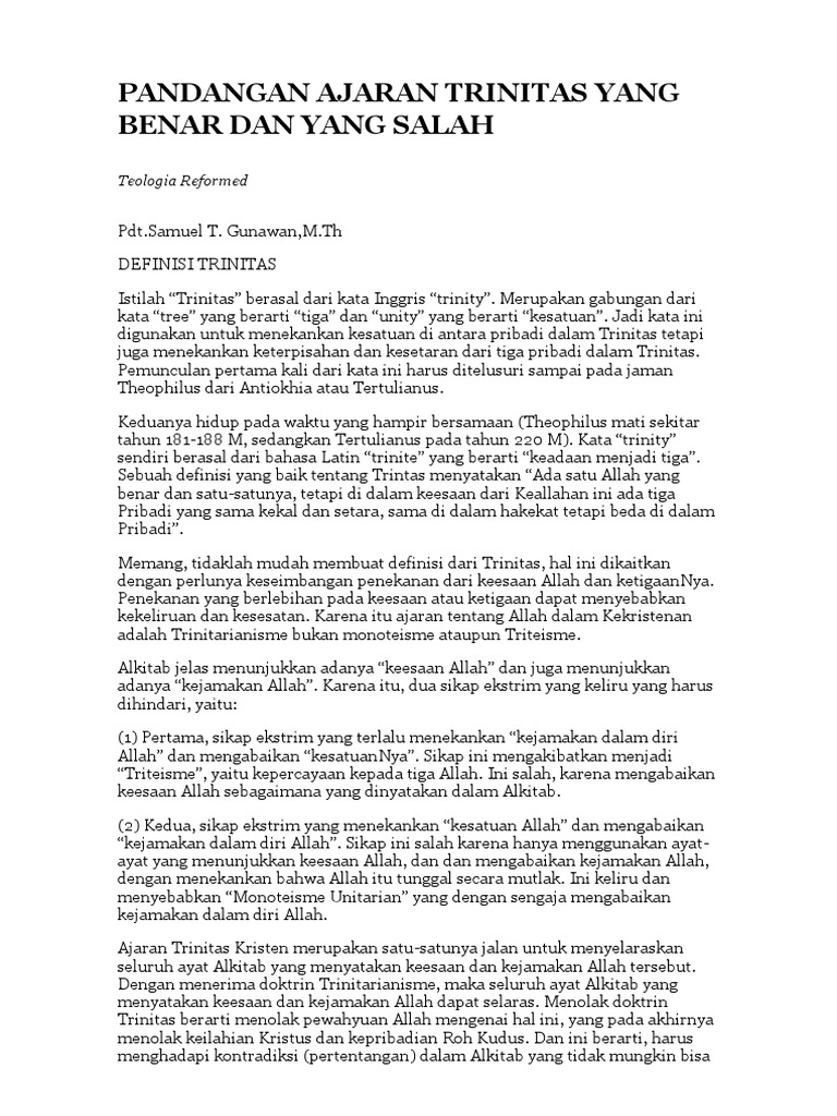 Pandangan Ajaran Trinitas Yang Benar Dan Yang Salah - Teologia Reformed | PDF
