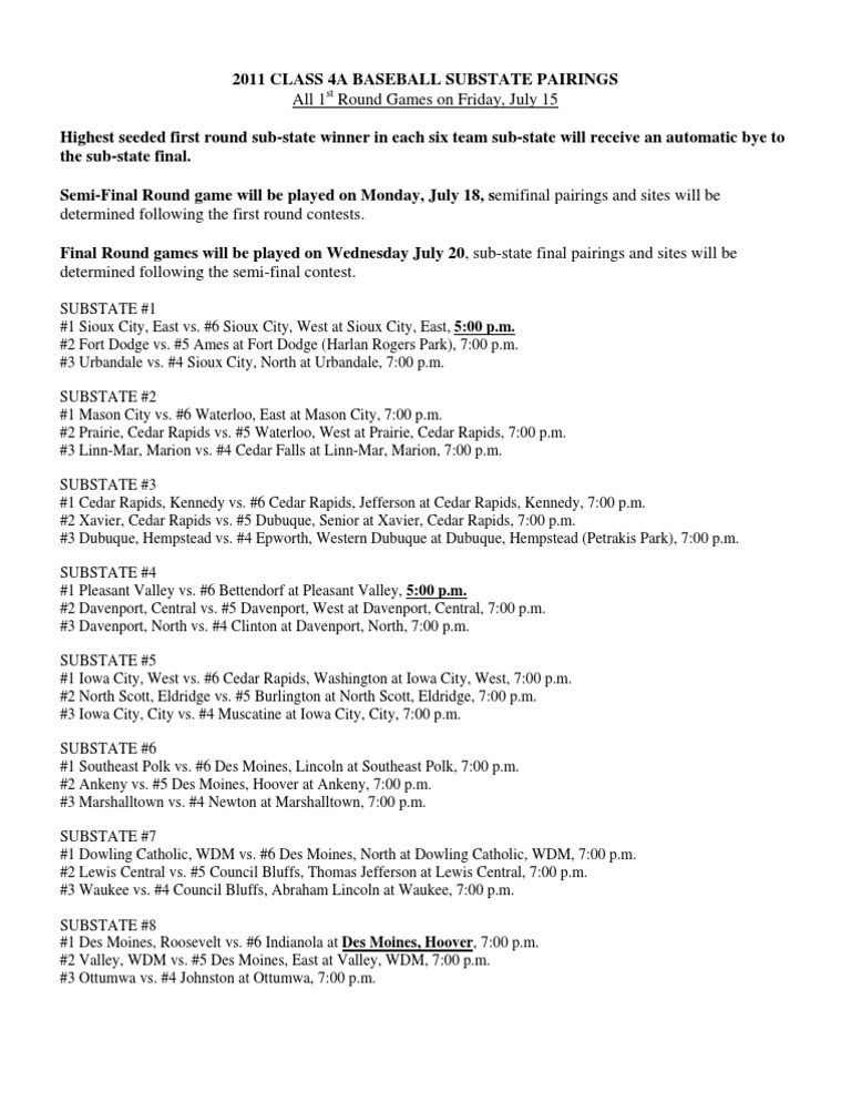 2011 Class 4A Baseball Substate Draws | PDF