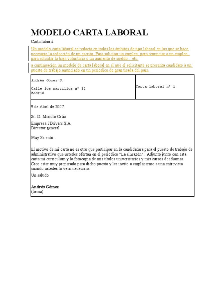 Modelo Carta Laboral | PDF