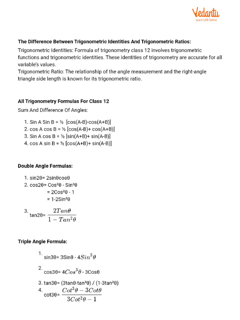 Trigonometry Formulas For Class 12 | PDF