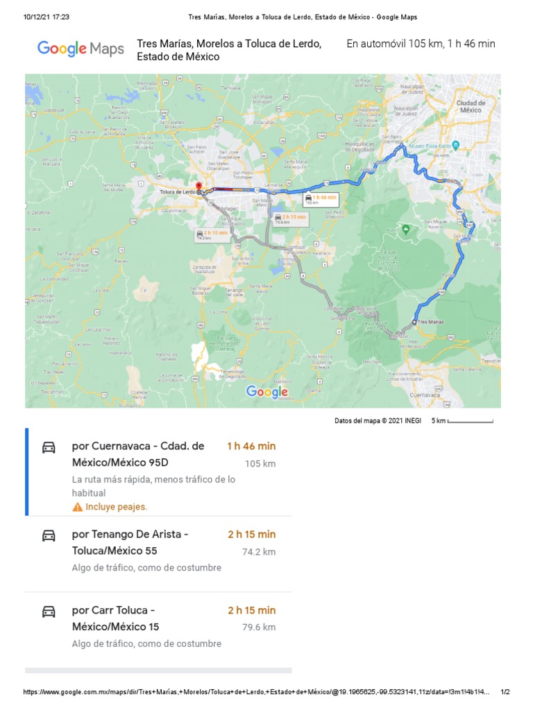 Tres Marías, Morelos A Toluca de Lerdo, Estado de México - Google Maps ...