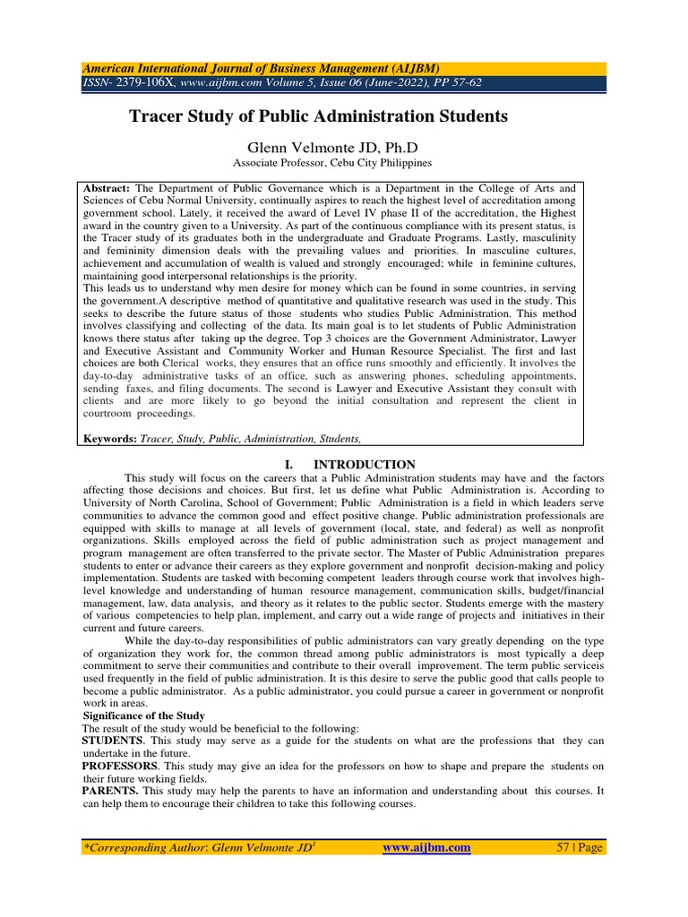 Tracer Study of Public Administration Students: Glenn Velmonte JD, PH.D ...