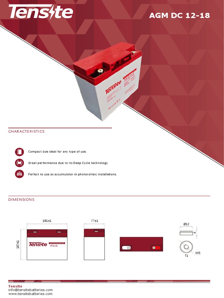 Datasheet Tensite Batteries AGM 12 18 | PDF | Electric Power | Electromagnetism