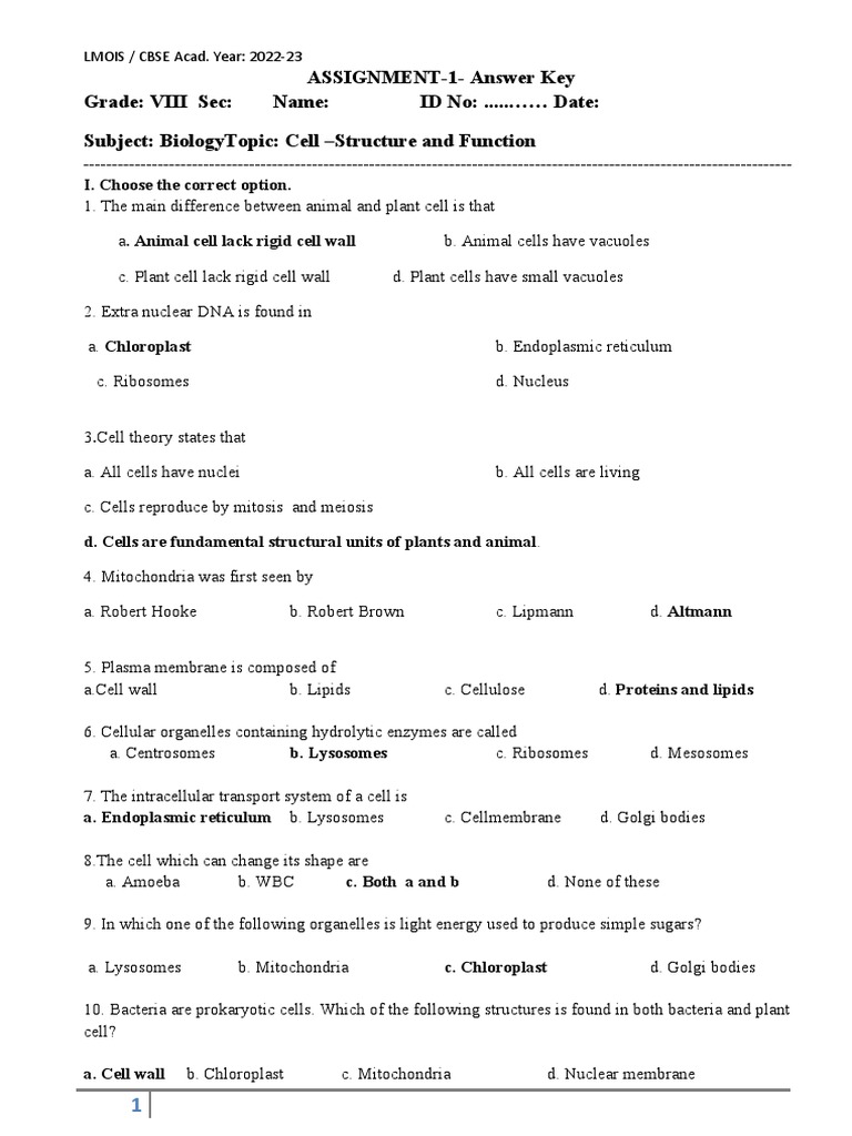 Gr-8 CEll - Structure and Function Answer Key | PDF | Endoplasmic ...