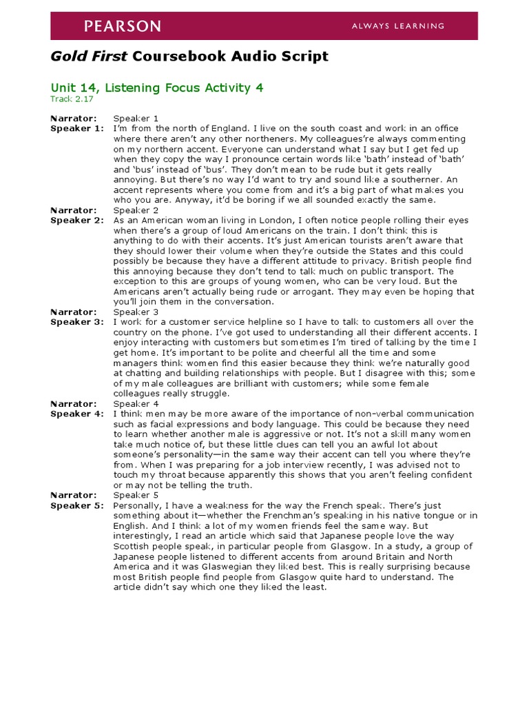 U14 Audio Script | Download Free PDF | Accent (Sociolinguistics) | Body ...
