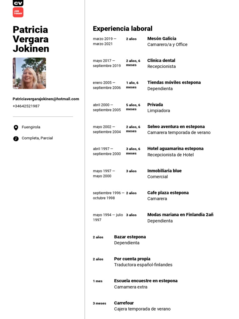 CV JOB TODAY de Patricia Vergara Jokinen | PDF