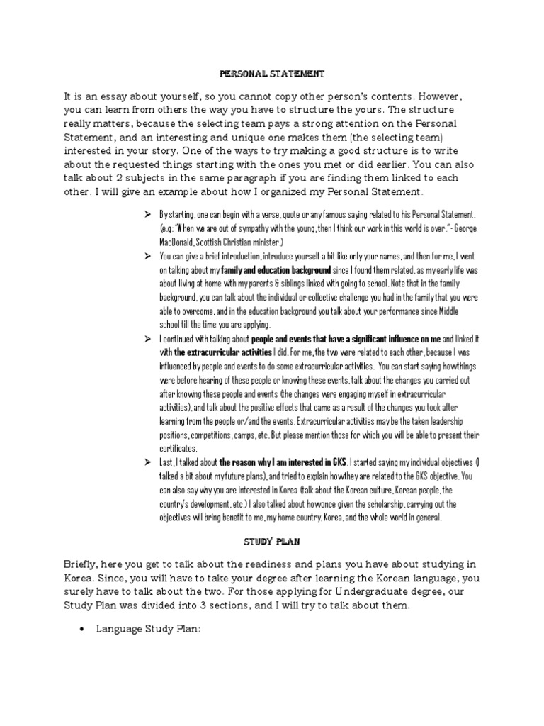 GKS Personal Statement and Study Plan | PDF | Korea | Korean Language