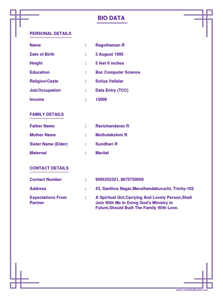 Ragothaman R - Biodata (By CreateMyBiodata - Com) | PDF