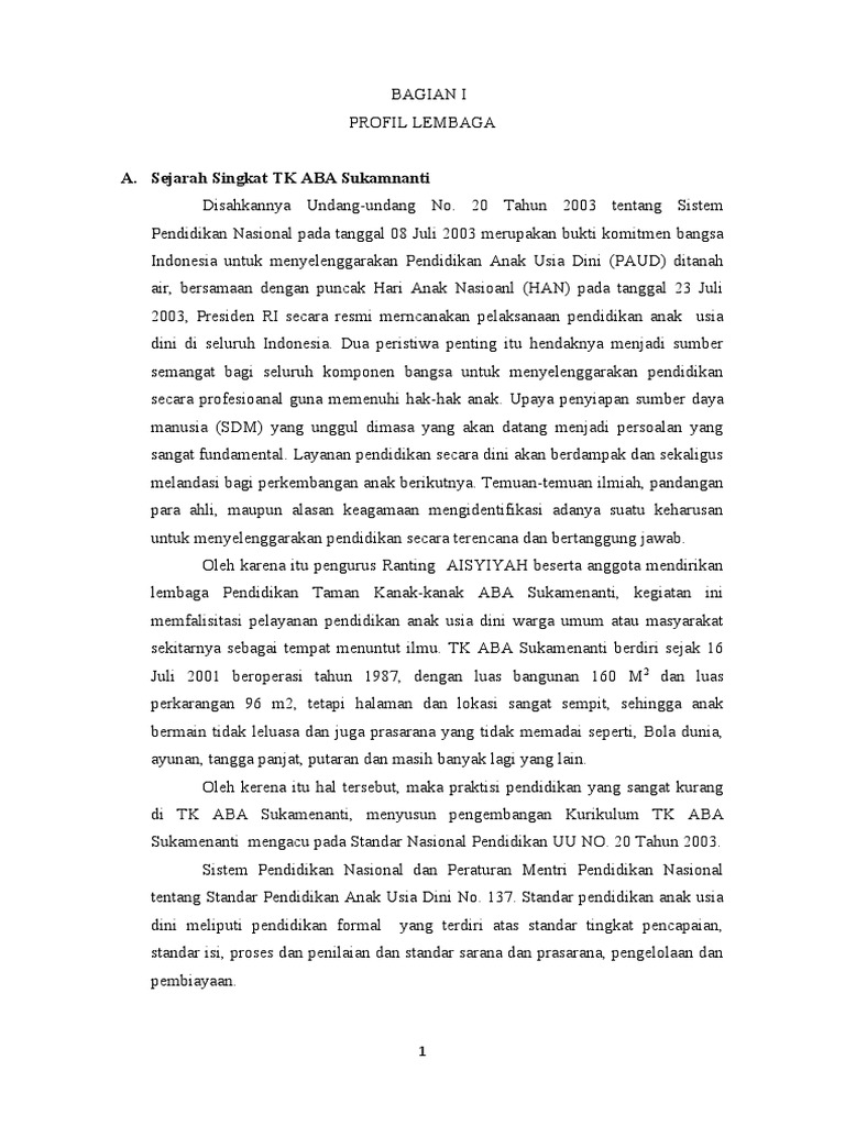 Sejarah dan Kurikulum TK ABA Sukamenanti | PDF
