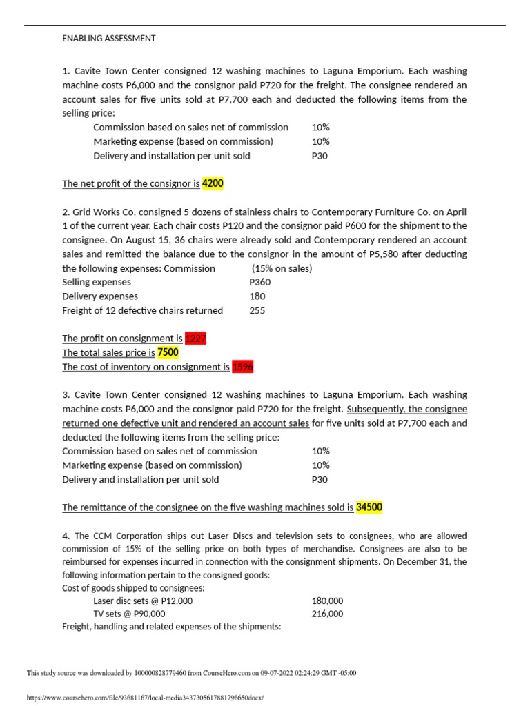 ENABLING ASSESSMENT CONSIGNMENT PROBLEMS | PDF | Expense | Sales