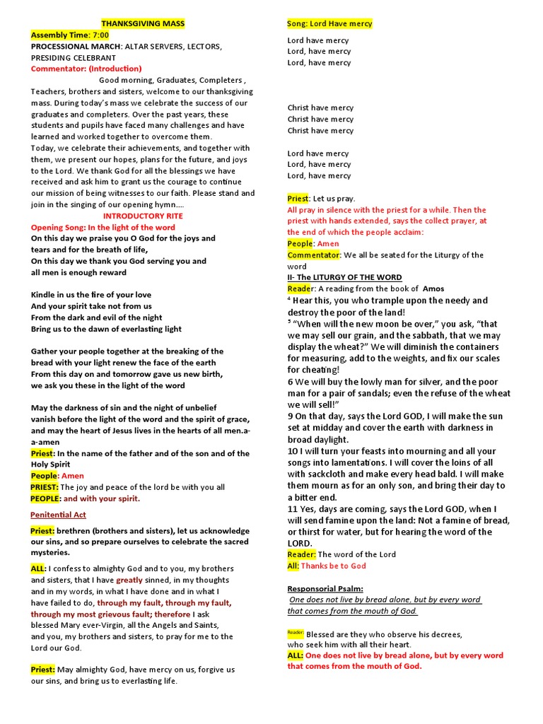 Thanksgiving Mass | PDF | Mass (Liturgy) | Lord's Prayer