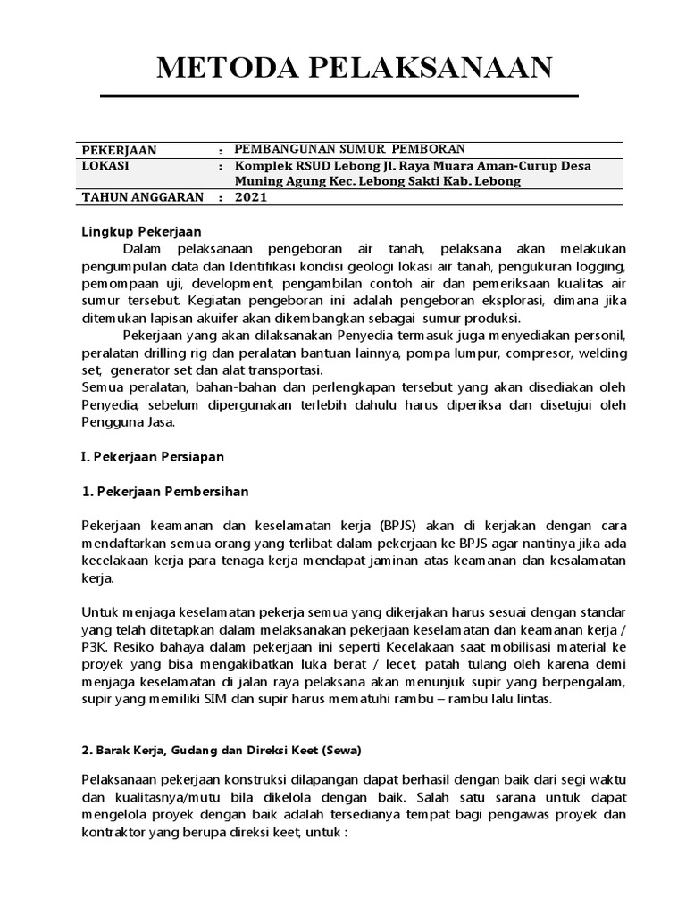 Metode Pelaksanaan Sumur Bor | PDF