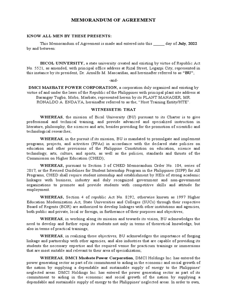 MOA for Student Internship Program | PDF | Non Disclosure Agreement ...