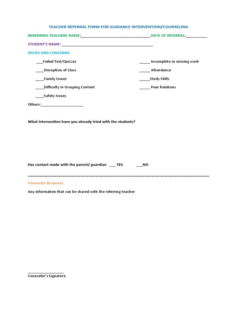 Teacher Referral Form For Guidance Intervention | PDF
