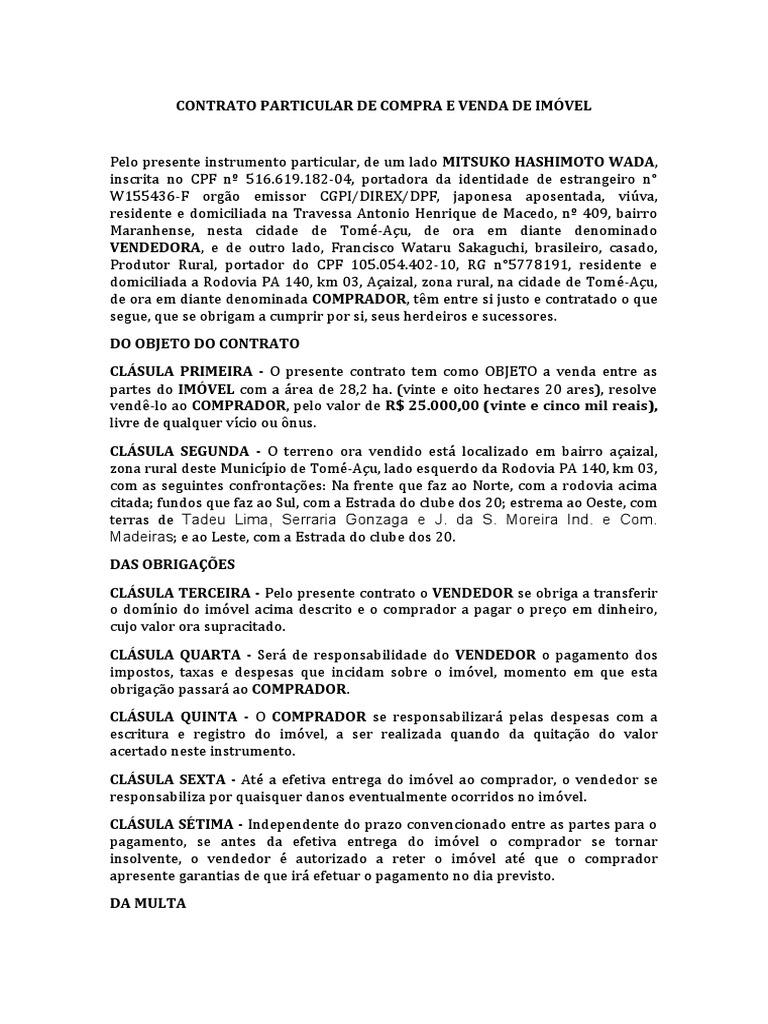 Modelo Contrato Particular De Compra E Venda De Imovel Pdf