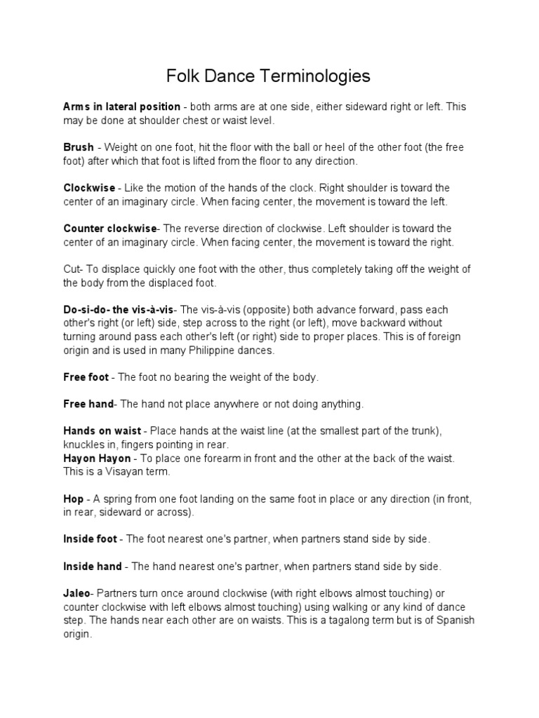 Folk Dance Terminologies Explained | PDF | Foot | Hand