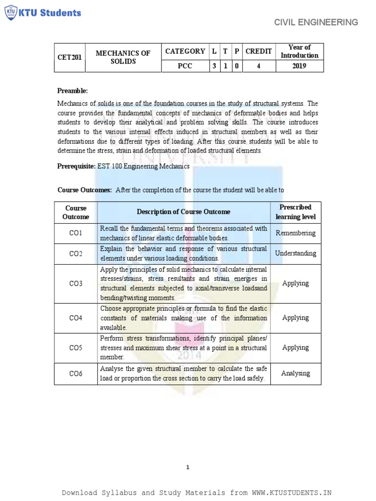 CET201 Syllabus | Download Free PDF | Bending | Young's Modulus