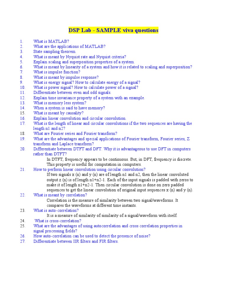 DSP Lab: Sample Viva Questions Guide | PDF | Digital Signal Processor ...