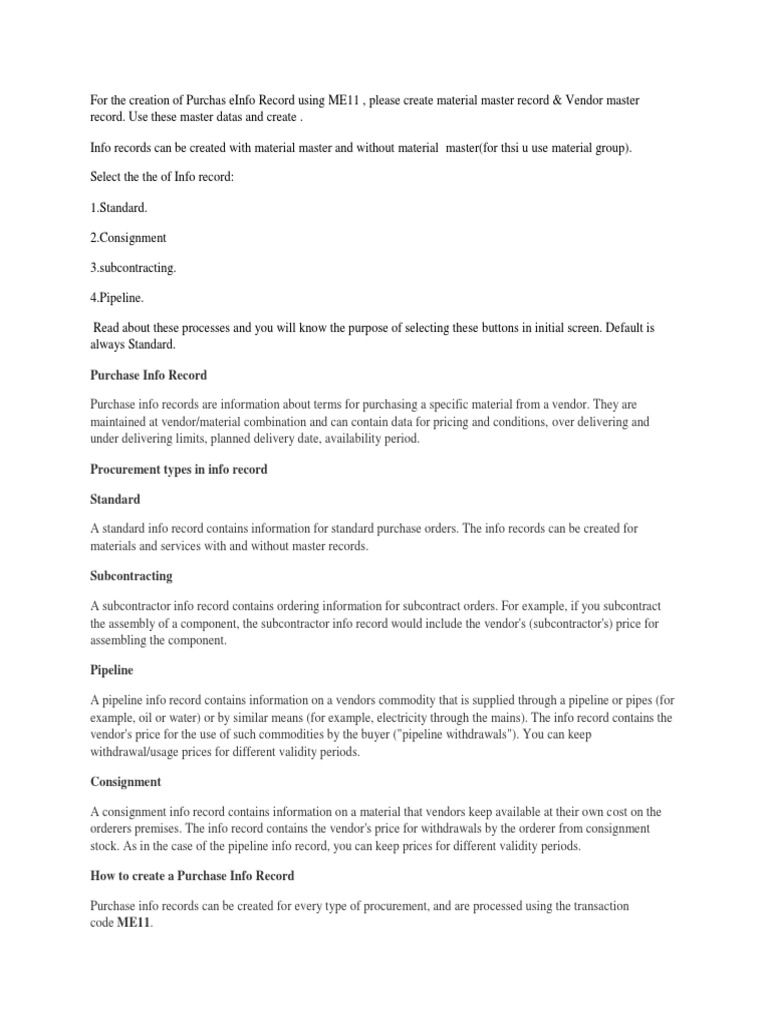 Purchase Info Record Using ME11 | PDF | Procurement | Prices