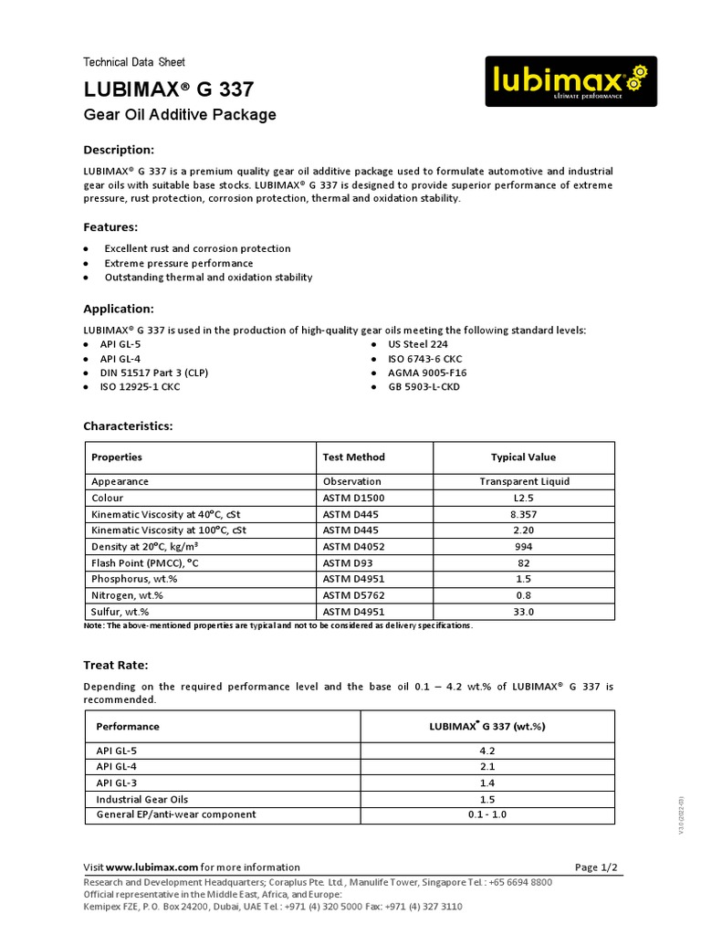 Lubimax G 337 - TDS | PDF | Viscosity | Chemistry