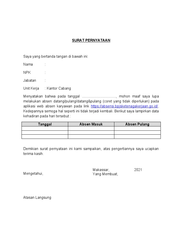 Surat Pernyataan Lupa Absen | PDF