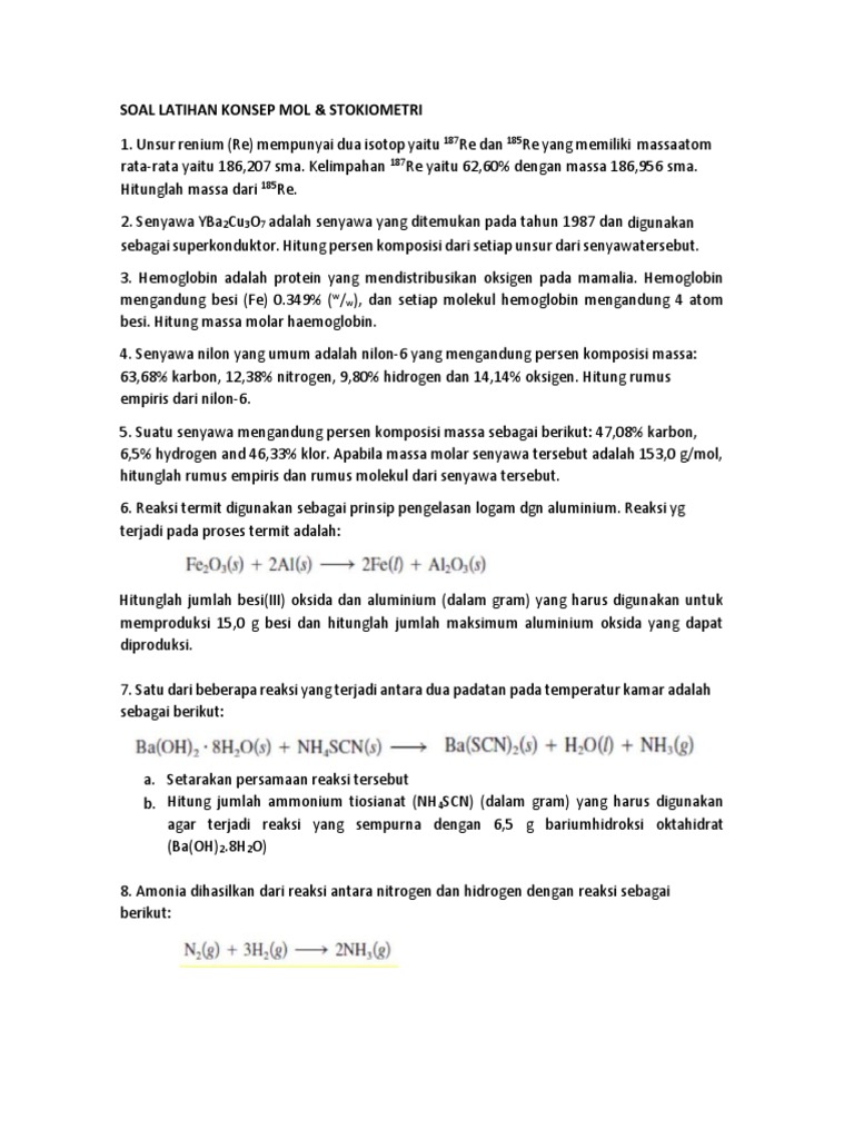 Soal Latihan Konsep Mol & Stoikiometri - Sem - 1 - 2021 | PDF
