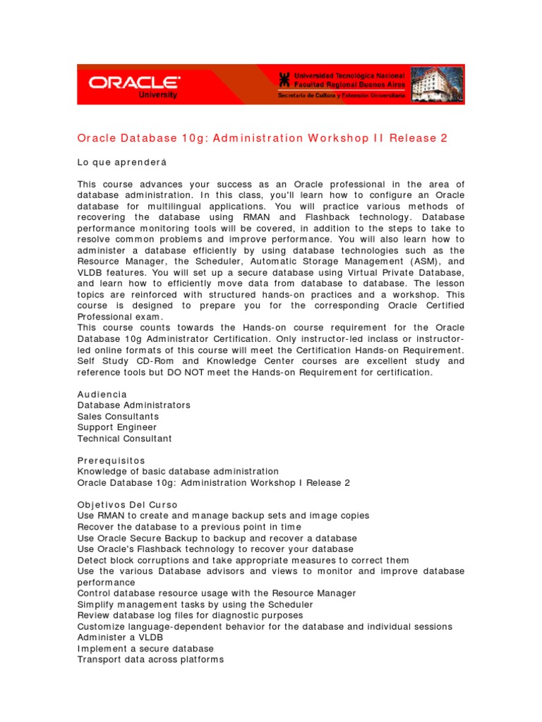 Oracle Database 10g Administration Workshop II Release 2 | PDF | Oracle Database | Backup