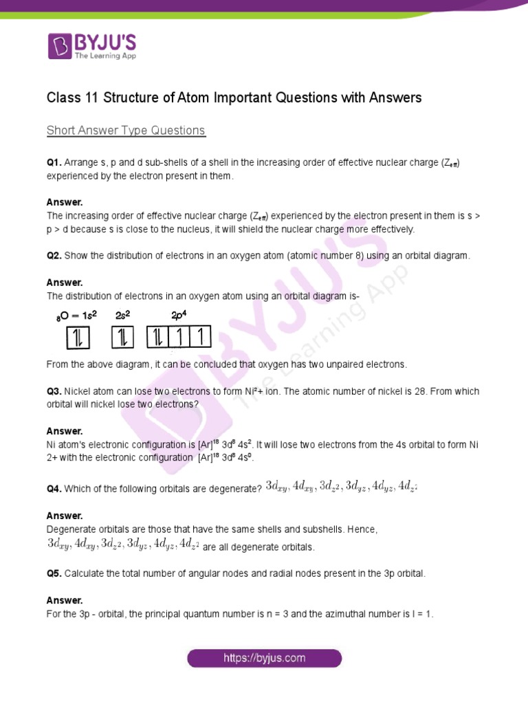 Class 11 Chemistry Chapter 2 Structure of Atom Important Questions With Answers | PDF | Atomic ...
