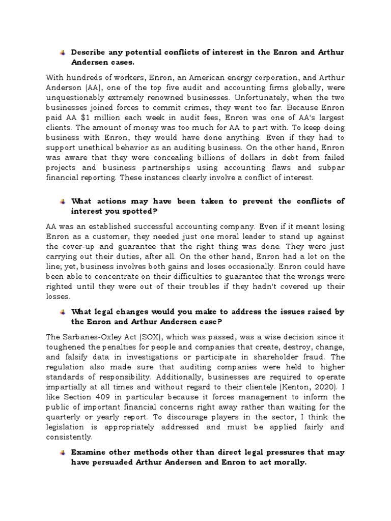 Describe Any Potential Conflicts of Interest in The Enron and Arthur Andersen Cases | PDF ...