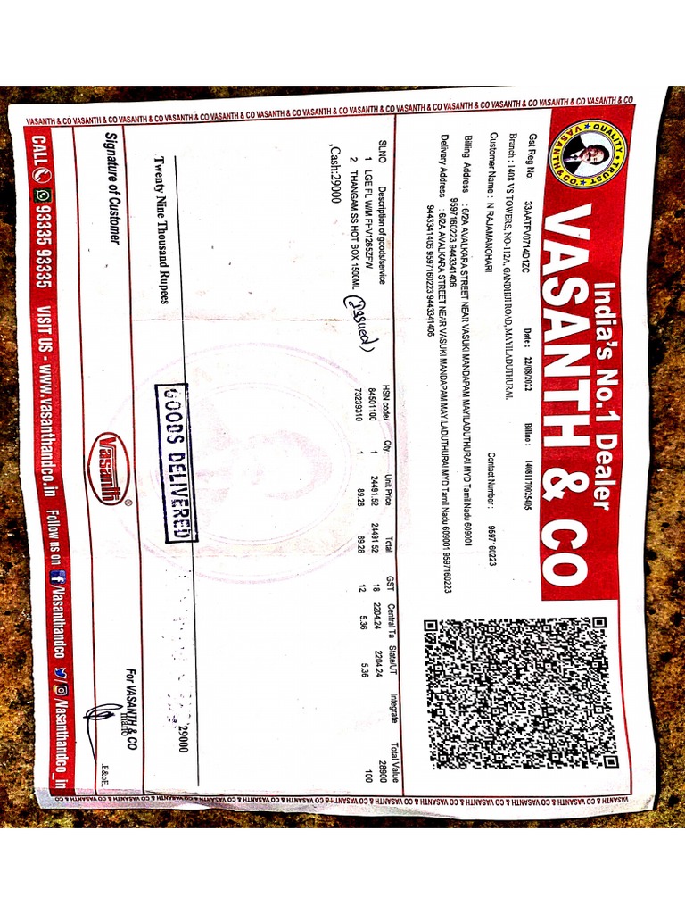 LG Washing Machine Vasant and Co Bill 2022 | PDF