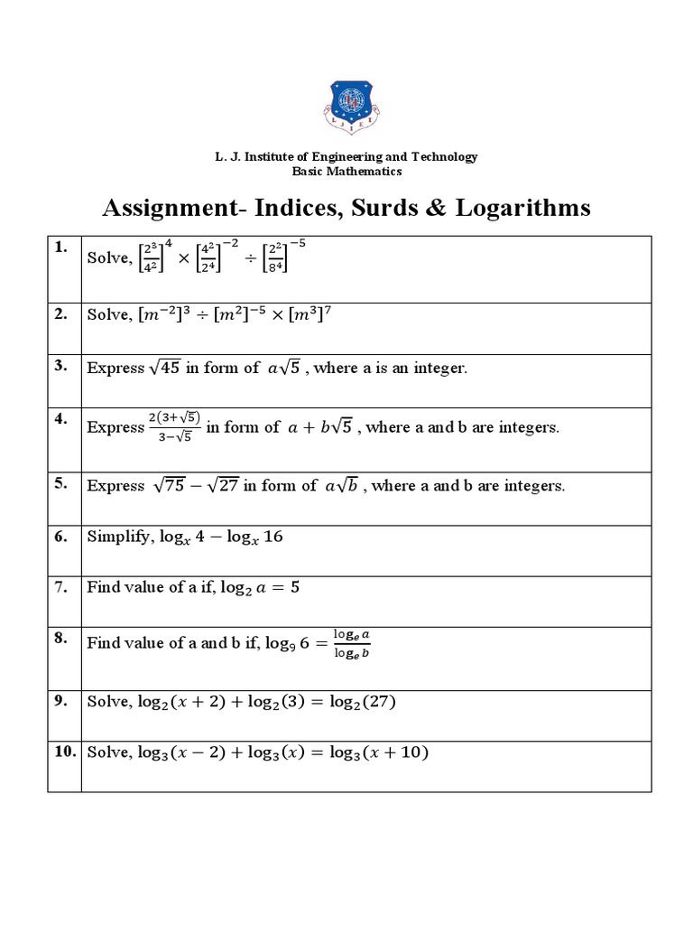 1.basic Maths - Assignment of Indices, Surds, Logarithm | PDF