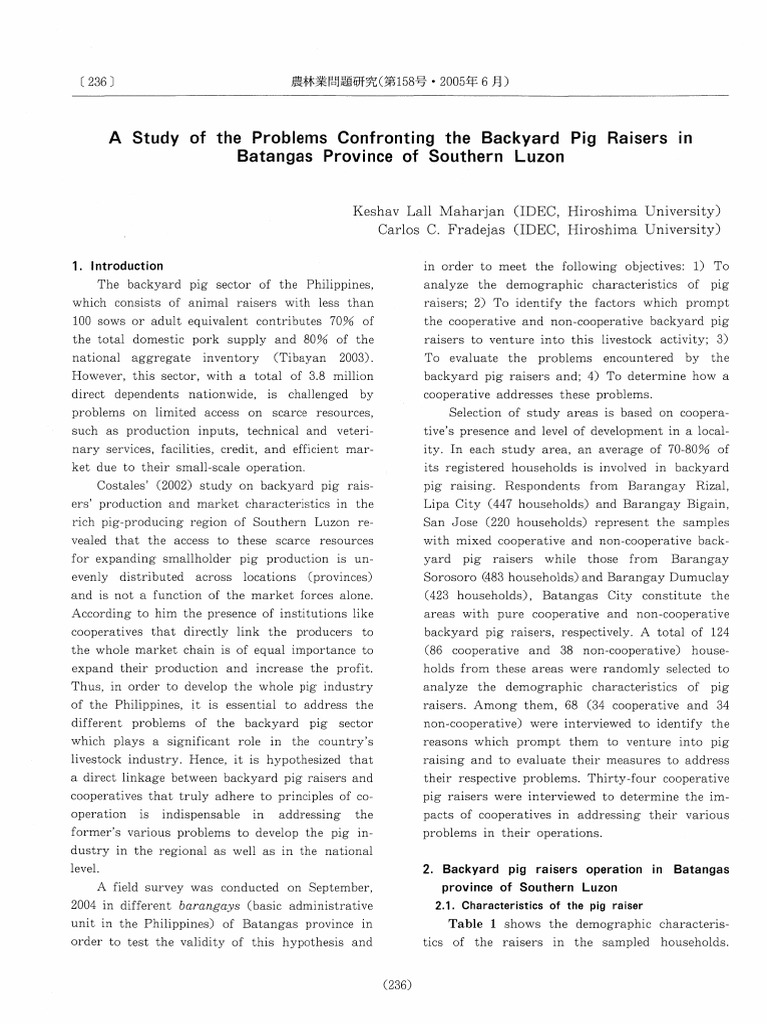 A Study of The Problems Confronting The Backyard Pig Raisers in Batangas Province of Southern ...