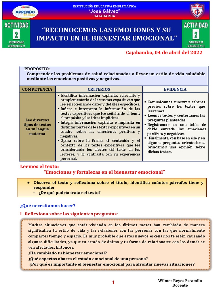 Act. 2. Reconoc. Las Emoc. y Su Impacto - Exp. Aprend. 1 | PDF | Las emociones | Amor