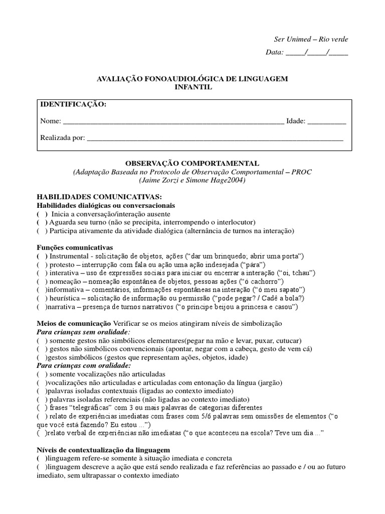 Avaliação Fonoaudiologica de Linguagem | PDF | Comunicação | Contexto ... Avaliação Fonoaudiologica de Linguagem | PDF | Comunicação | Contexto ...