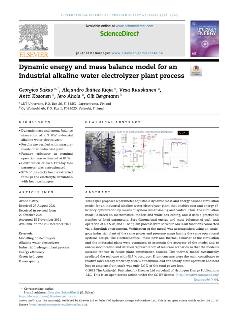 Dynamic Energy and Mass Balance Model For An Industrial Alkaline Water ...