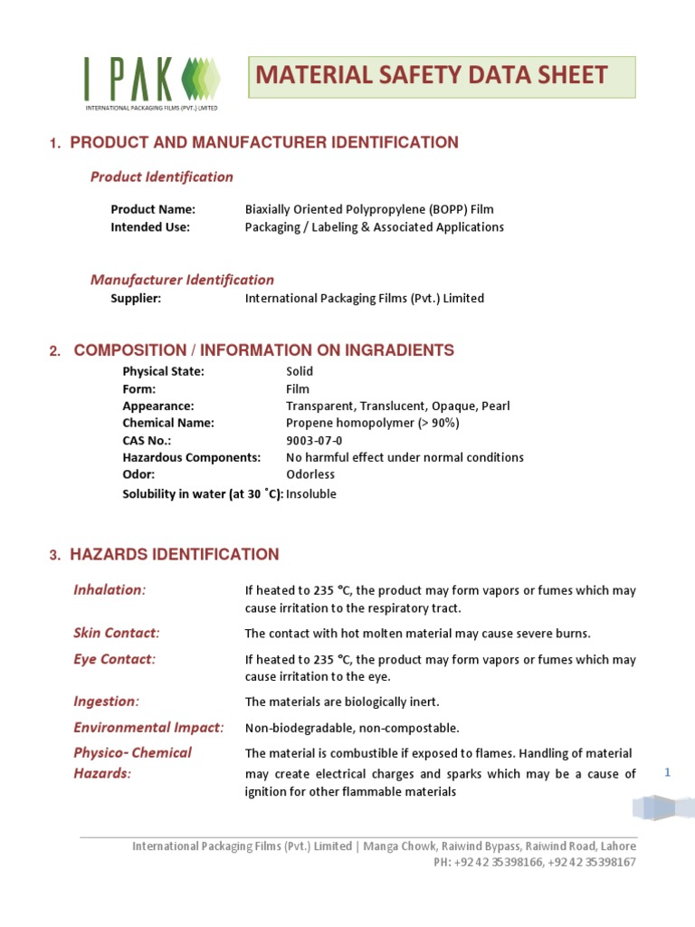 Bopp Material Safety Data Sheet | PDF | Combustion | Water