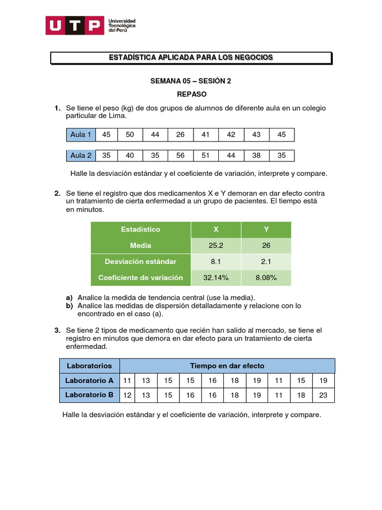 S05.s2 - Ejercicios de Repaso para PC2 | PDF | Desviación Estándar