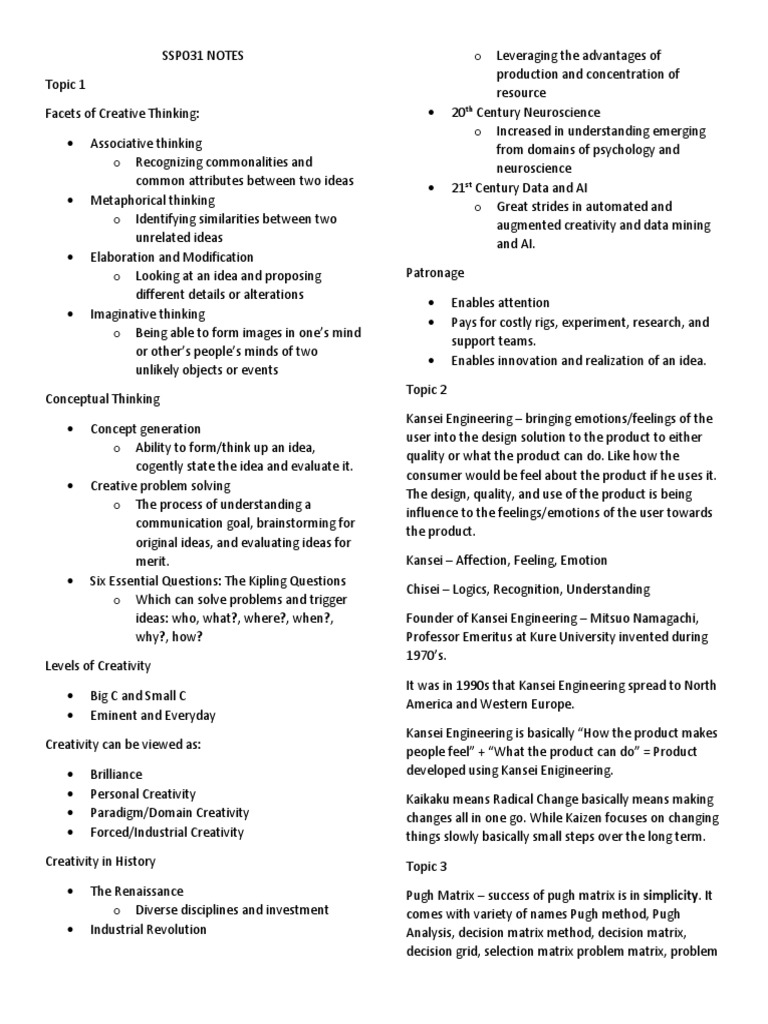 SSP031 Notes - Topics 1,2,3 | PDF | Thought | Creativity