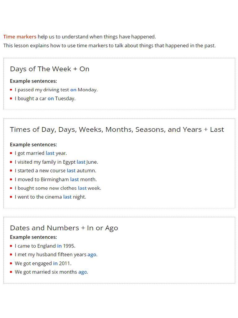 Simple Past - Time Markers | PDF