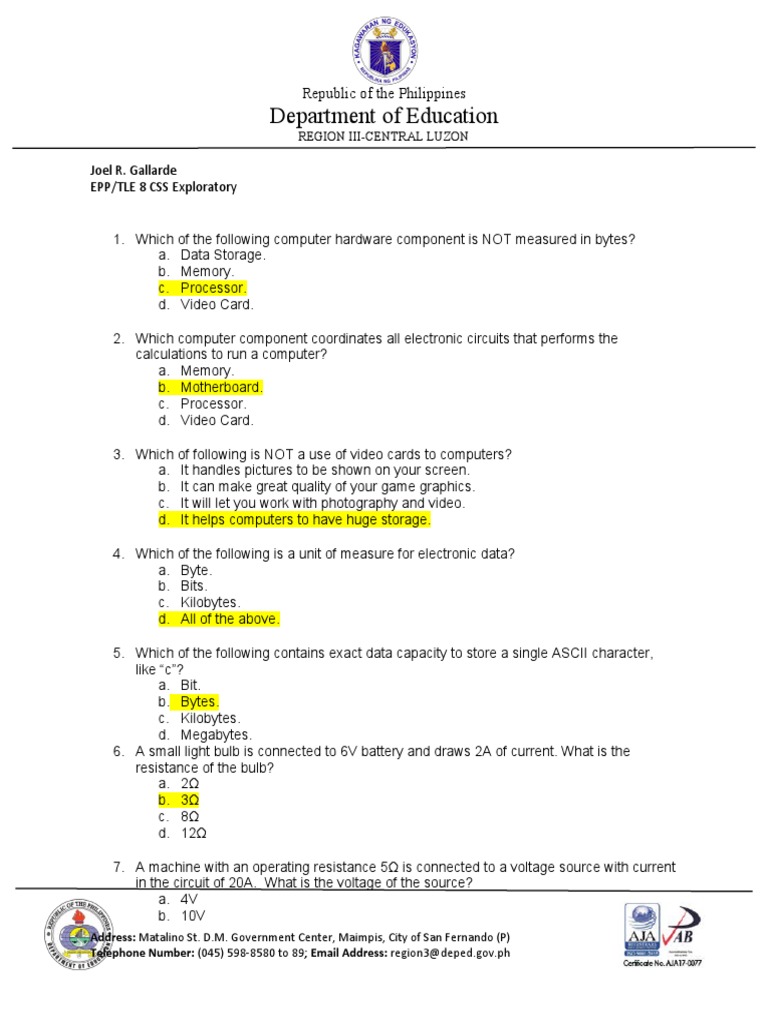 G8 Tle CSS Answer Sheet | Download Free PDF | Byte | Bit