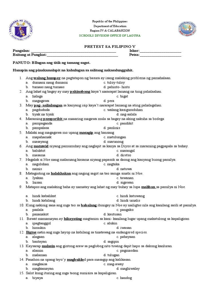 Pre - Test Filipino 5 | PDF