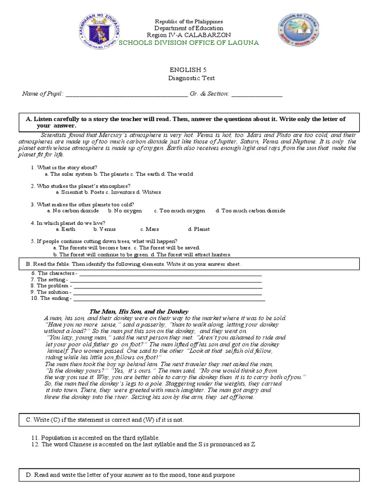Diagnostic Test in English 5 | PDF | Planets | Atmosphere