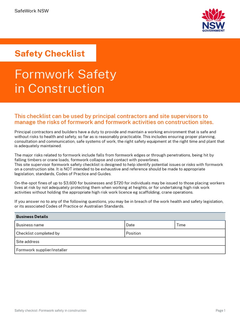 Formwork Safety in Construction Checklist | PDF | Occupational Safety ...