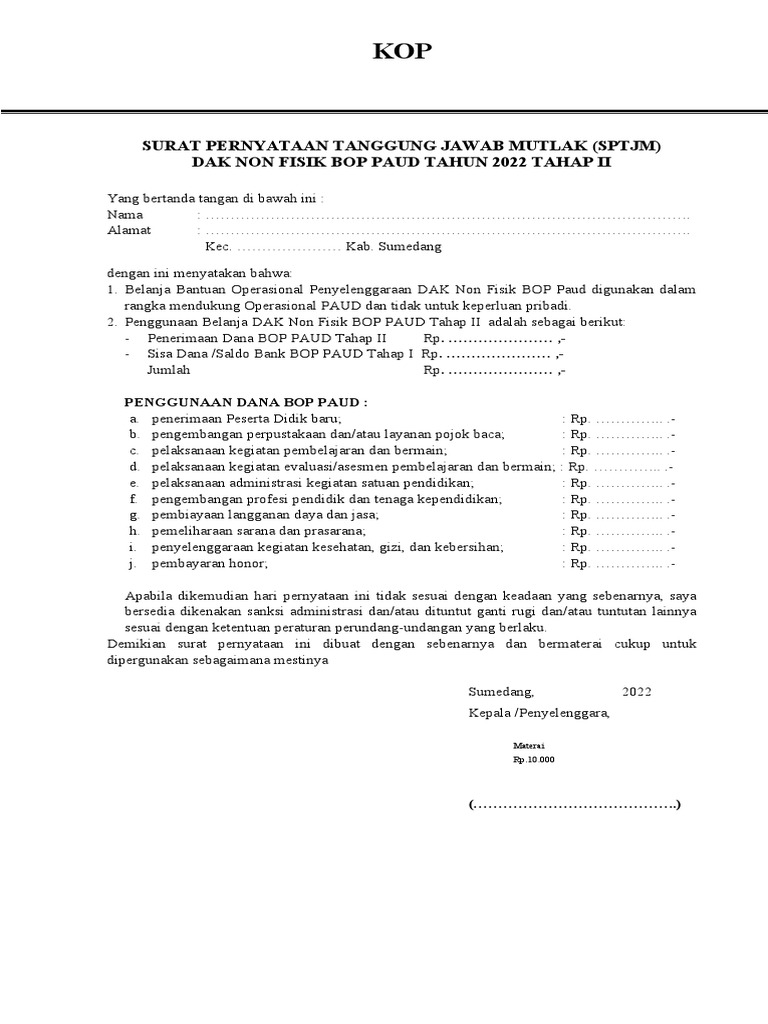 SPTJM Lap Awal Bop Paud Tahap 1i 2022 | PDF